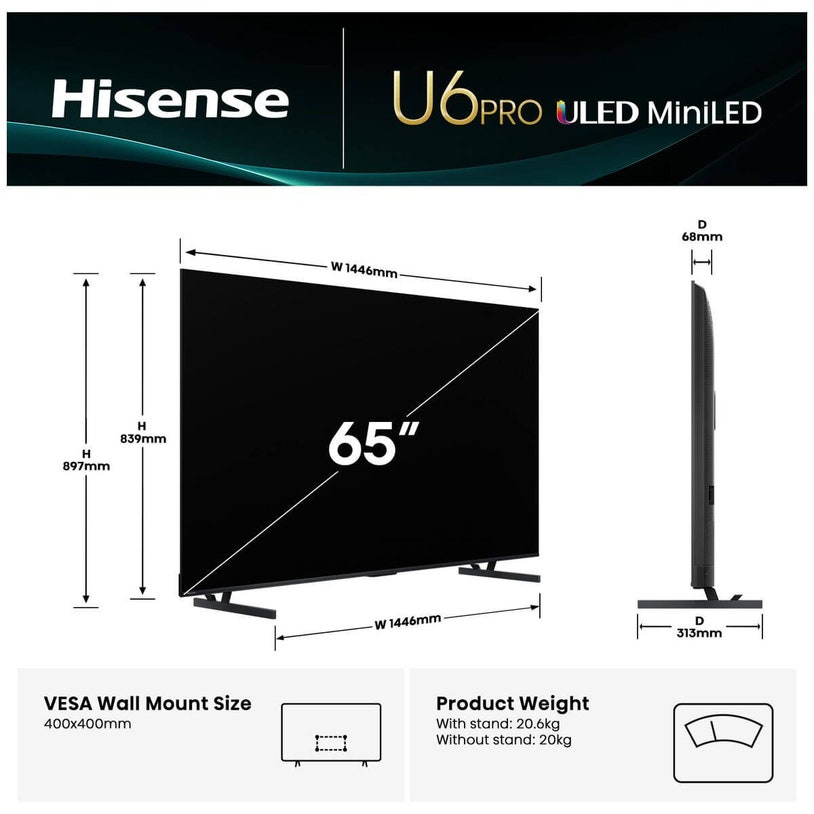 Hisense 65 Inch U6QAU PRO ULED Mini-LED TV 65U6QAU-PRO [2025 ...