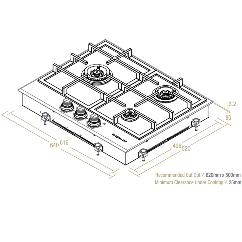 Spezialist 64cm Vitro Ceramic 3 Burner Gas Cooktop S30643VCNG ...